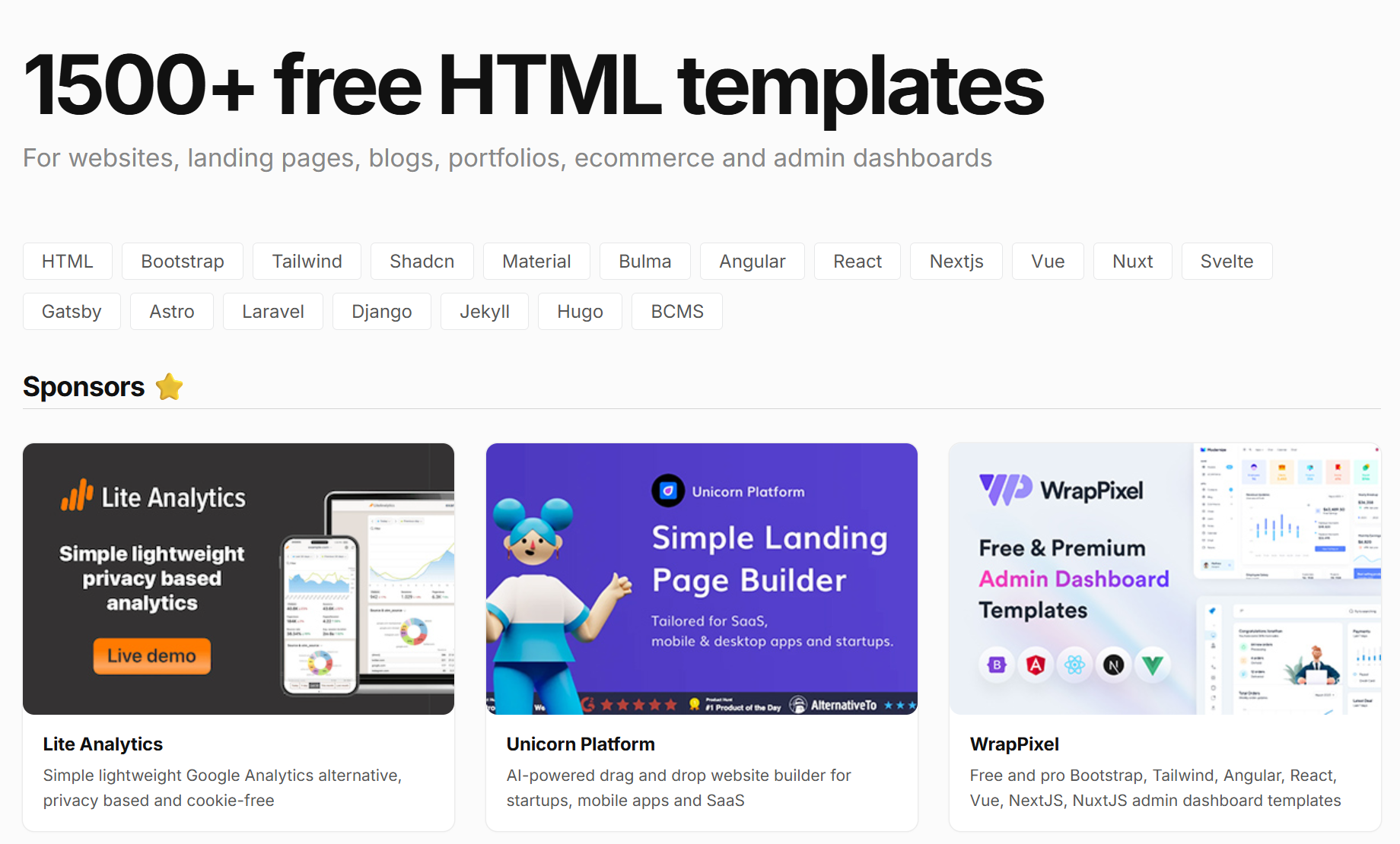 1500+ 免费美观的前端网页模板，包括HTML/Vue/Angular/React-OFAI九邻人工智能研究院